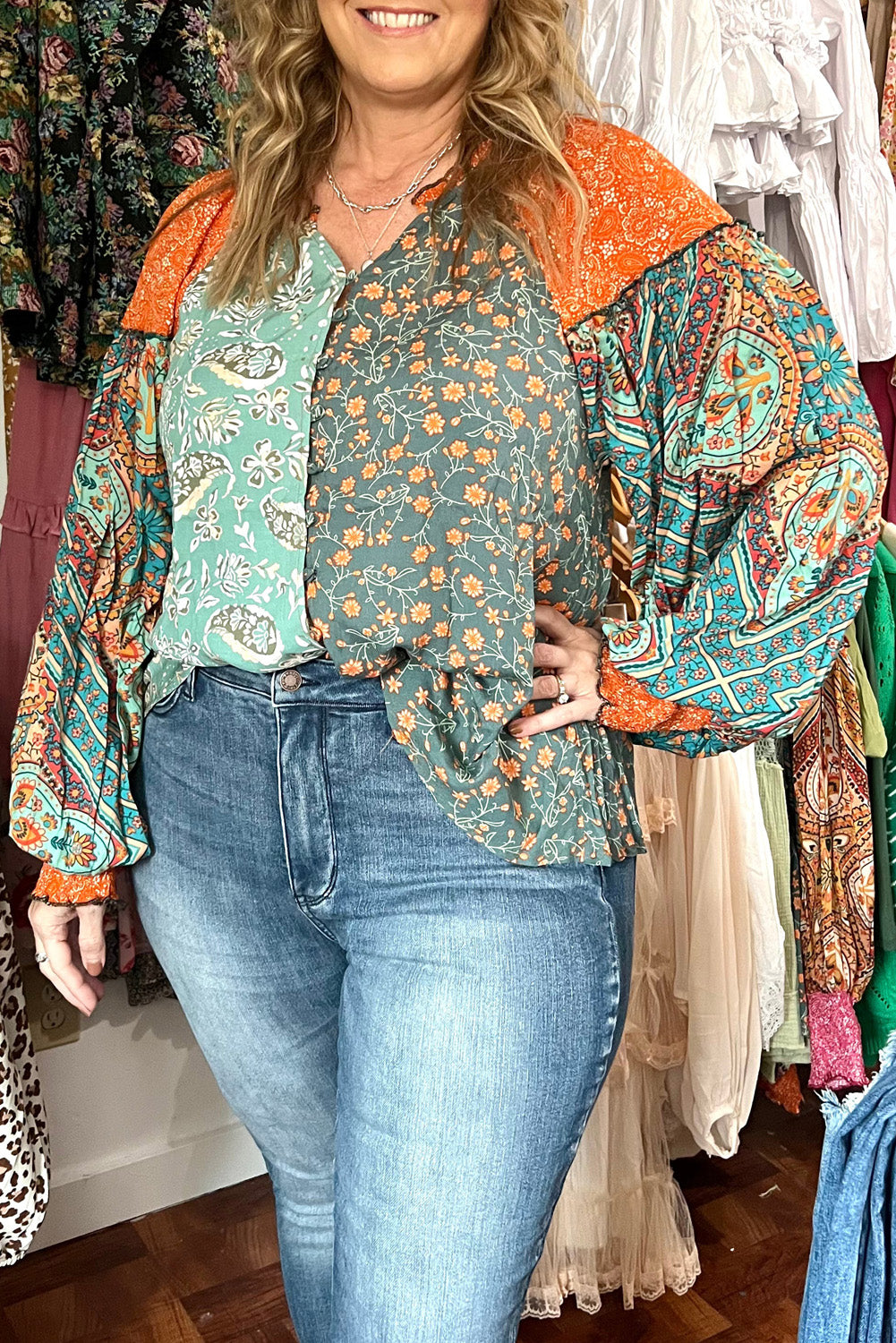 Green Floral Patchwork V Neck Lantern Sleeve Plus Size Blouse – Big ...