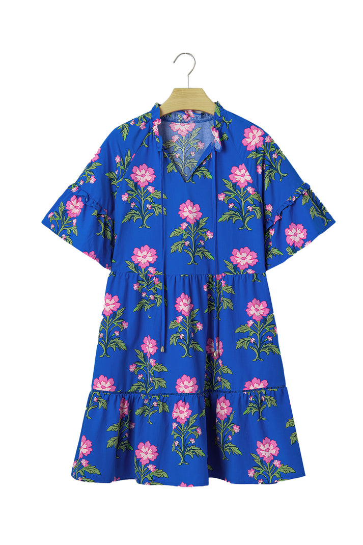Blue V Neck Short Sleeve Loose Flower Dress – Big Juicy Fashion